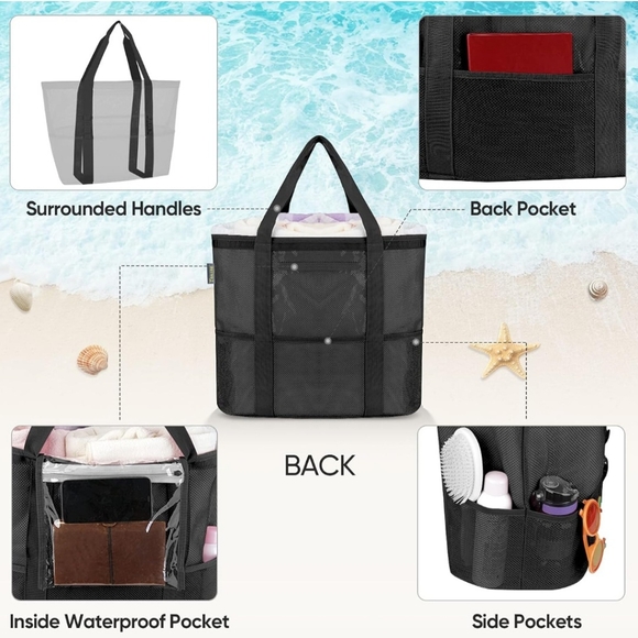 BELAINE | Bags | Large Beach Bag Pool Bags Mesh Beach Tote For Toys Towel Flip Flops Black ...